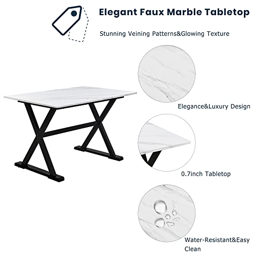 WOZNLA Solid Wood 5-Piece Dining, Kitchen Table Set with 4 Upholstered Chair, Faux Marble White+Beige, 45" x 30"