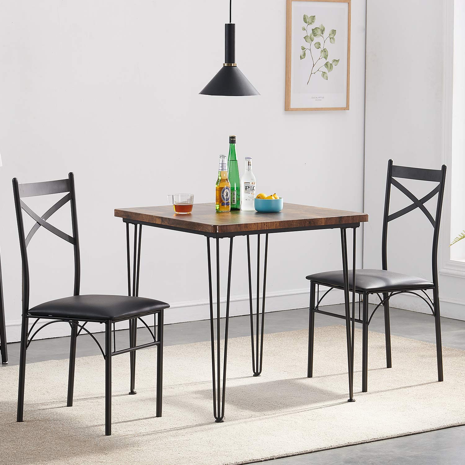 VECELO 3 Piece Kitchen Room Table and Chairs Dinette Breakfast Nook, Farmhouse, Small Space, Modern Industrial Style, Brown, Dining Set for 2, Rustic BRN