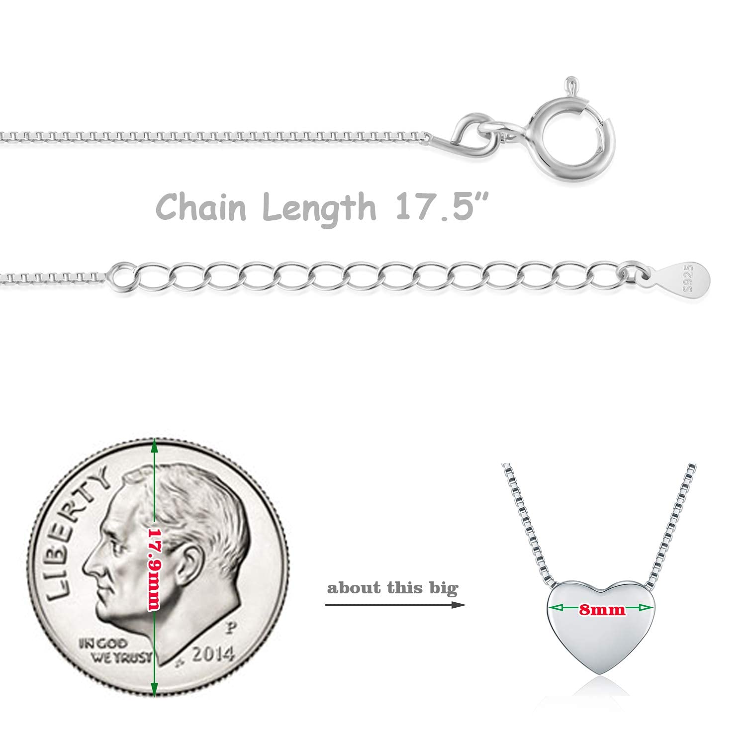 WRISTCHIE 925 Sterling Silver Tiny Minimalism Floating Heart Necklace 17.5" (Silver) (Box Chain)