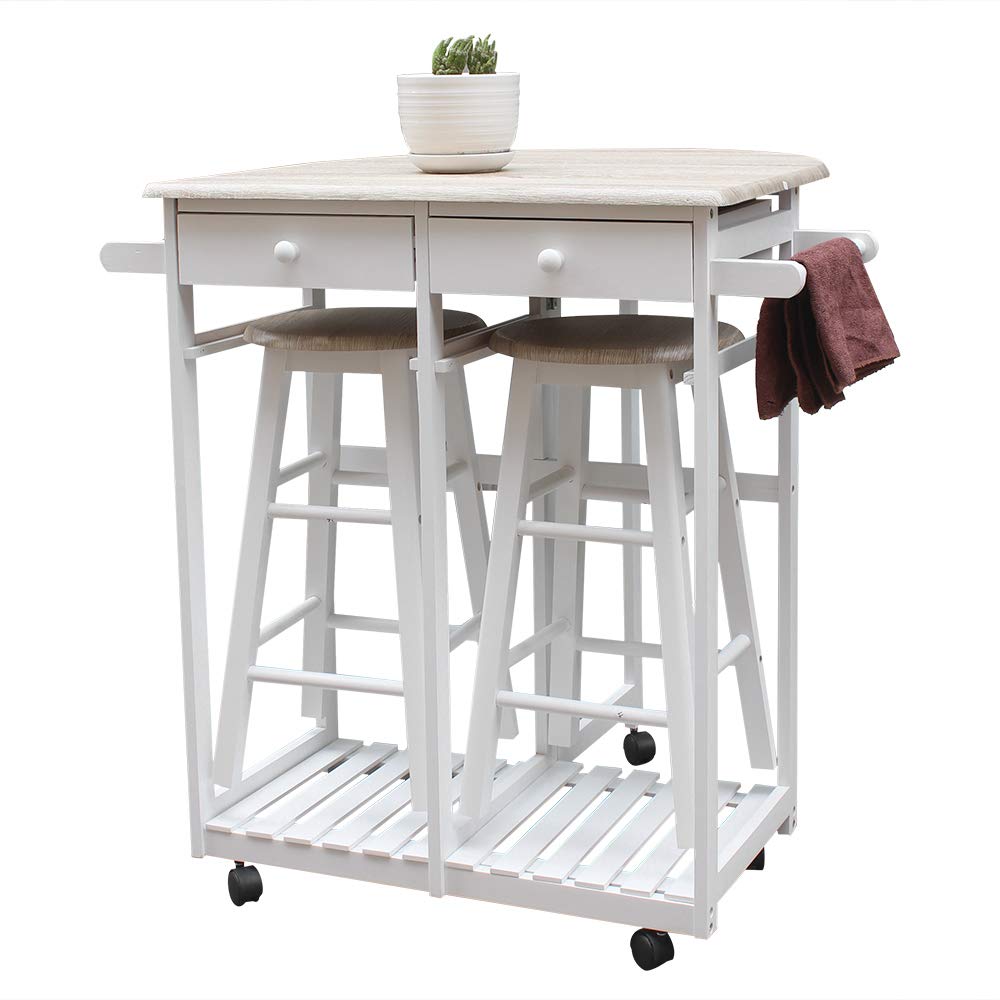 UDeuxff Bar Table and Chairs Set,Solid Wood Folding Dining Cart with 2 Free Stools for 2,Kitchen,Small Spaces (B)