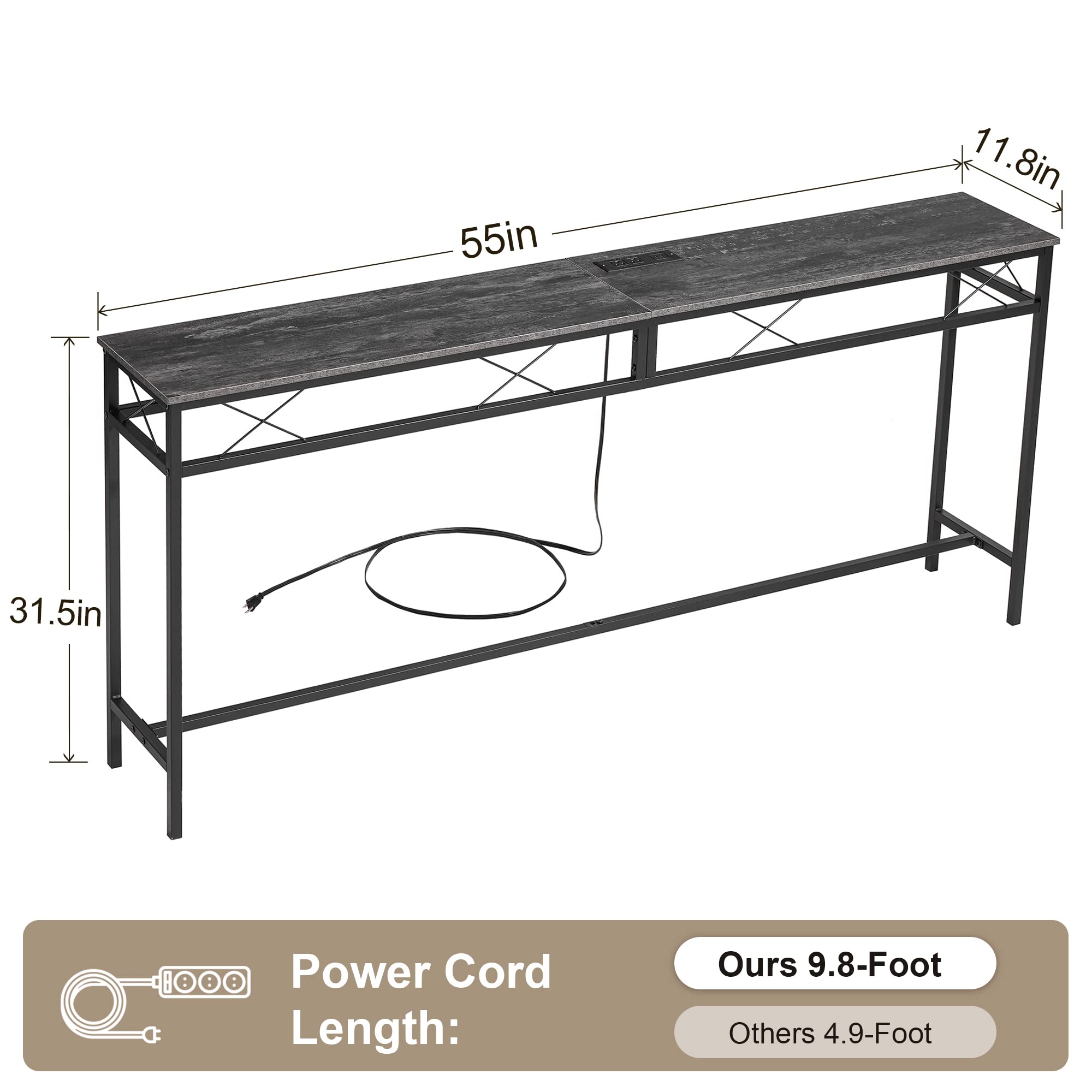 VECELO 55In Extra Long Narrow Sofa/Console Table with Charging Station & Power Outlet and USB Ports, for Entryway, Living Room, Office, Industrial, Dark Grey