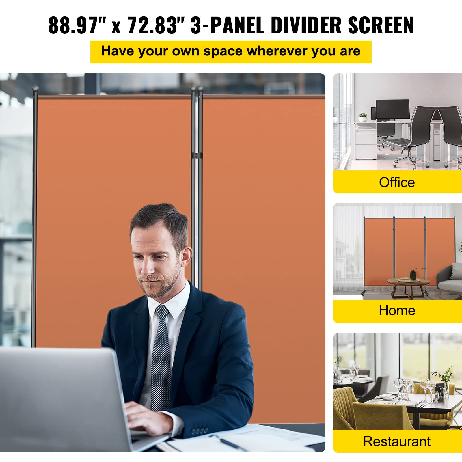VEVOR Office Partition 89" W x 14" D x 73" H Room Divider 3-Panel Office Divider Folding Portable Office Walls w/Non-See-Through Fabric Room Partition Reddish Brown for Room Office Restaurant