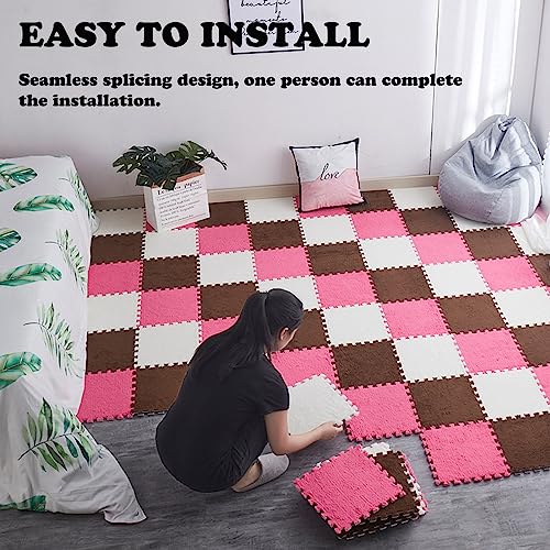 WRatx 36-Piece Interlocking Foam Puzzle Carpet,12x12in Thickened Anti-slipSquare Plush Foam Play Floor Tiles Mat with Edgings Soft Easy to Clean Area Protective Rug(Color:Light Brown)