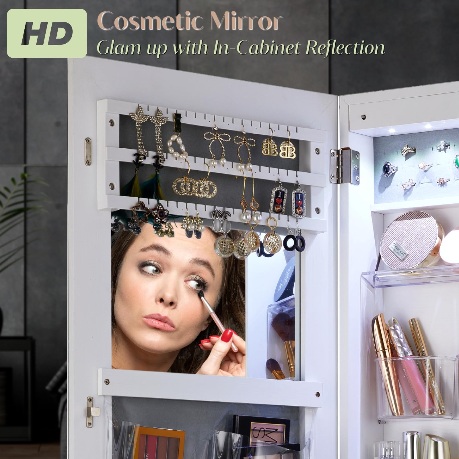 YOKUKINA LED Mirror Jewelry Armoire Wall & Door Mounted - Full length mirror jewelery cabinet w/Large Lockable Mirror Organizers and Storage