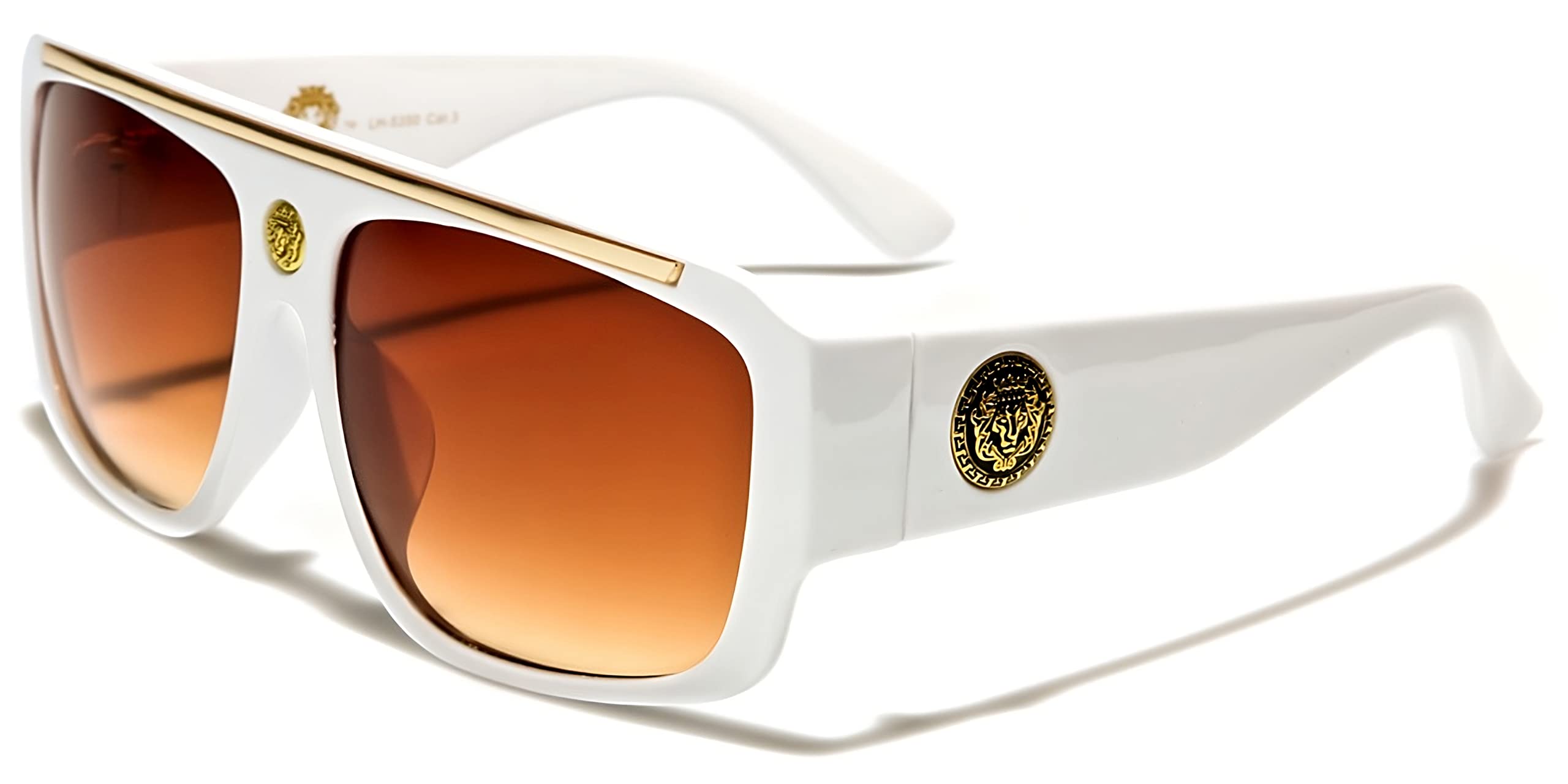 White & Gold Kleo Flat Top Hip Hop Rapper Retro Aviator Sunglasses w/ Brown Lenses