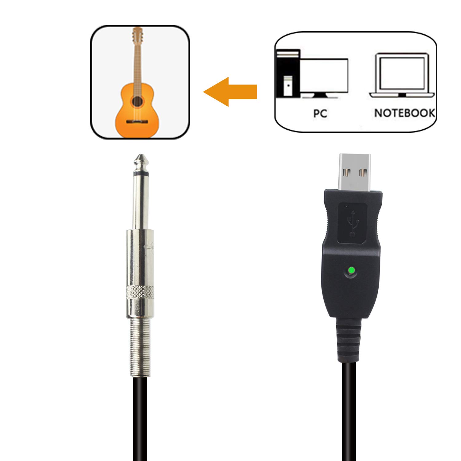 WeiMeet USB Guitar Cable 10 Feet USB Interface Male to 6.35mm 1/4" Mono Male Electric Guitar Cable Studio Audio Connector Cords Adapter