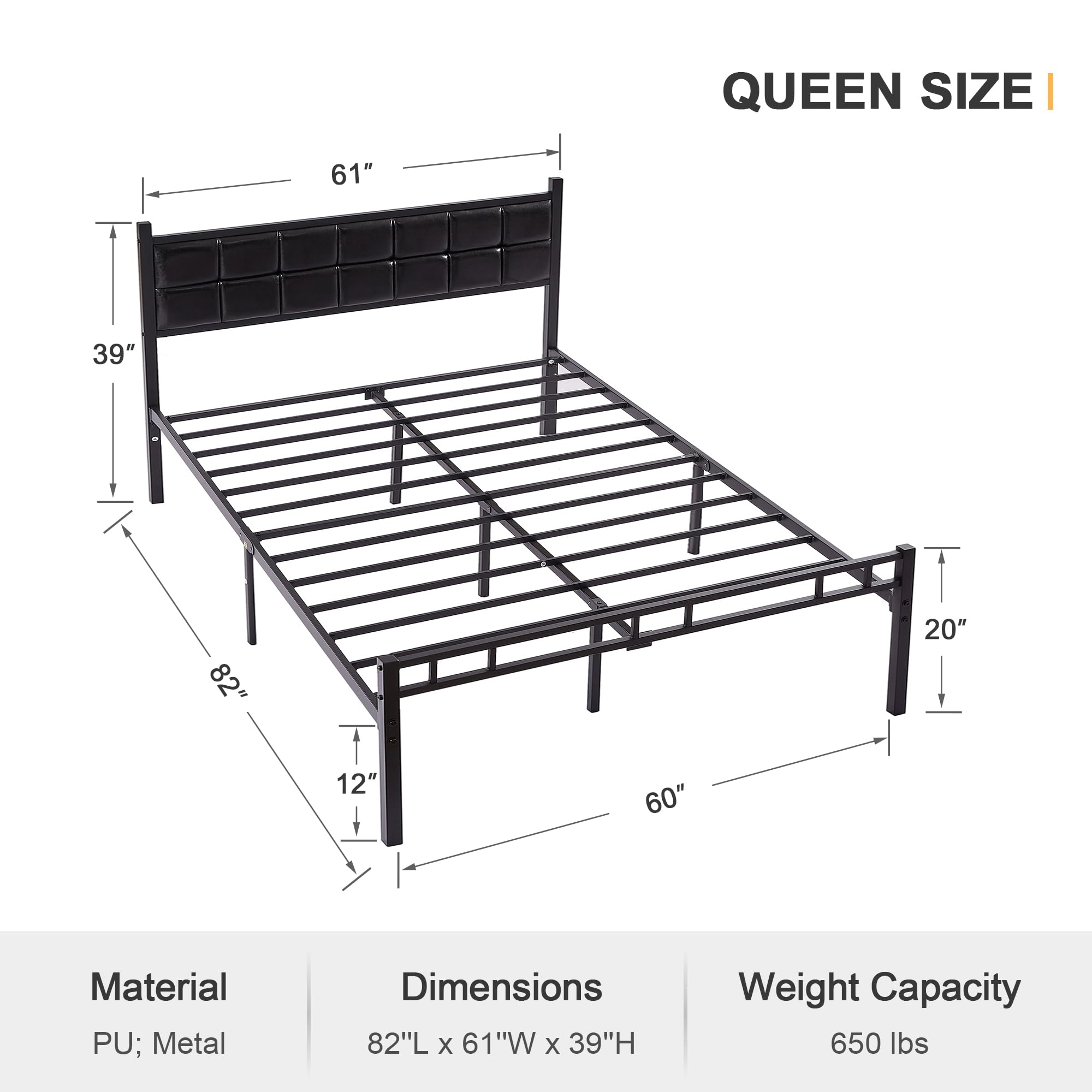 VECELO Queen Size Metal Bed Frame with Faux Leather Headboard, Heavy-Duty Platform Beds, 12 inch Under-bed Storage, Steel Slats Support, No Boxing Spring Needed, PU Black