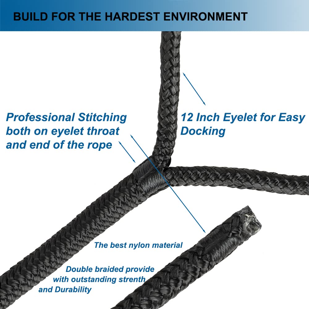 Young Marine Double Braided Nylon Dock Lines Rope,3/8 Inch x 15FT Dock Line with 12 Inch Eyelet for Mooring Boats, Black,4 Pack