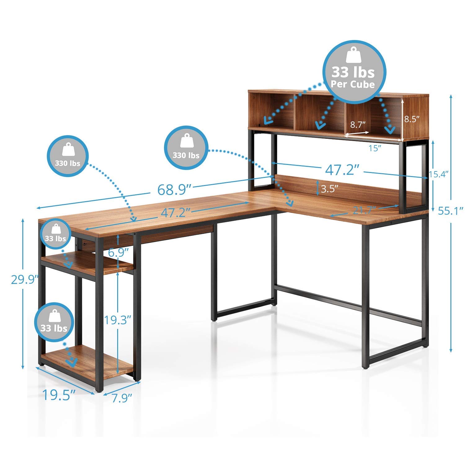 VIPEK L-Shaped Desk with Hutch, 69" Large Computer Desk Gaming Table PC Table Workstation Study Writing Table with Storage Bookshelf, Space Saving Corner Desk for Home Office, Suntalam Walnut