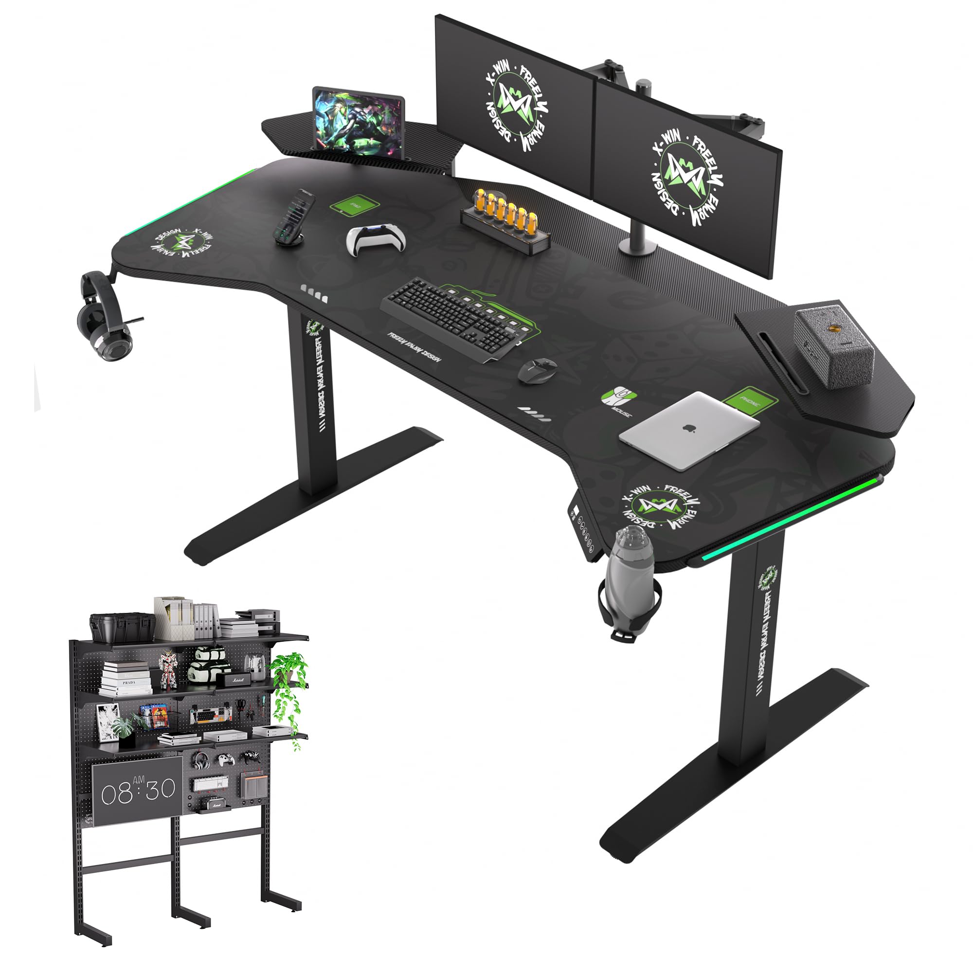X-WIN Standing Gaming Desk, 63" Wing-Shaped Studio Music Desk with Free Standing Pegboard