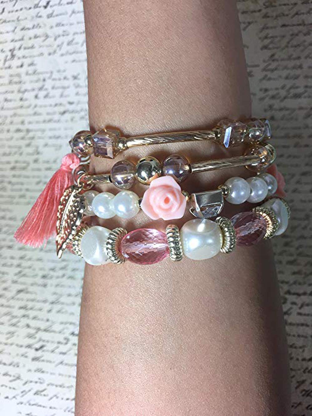 yunanwa 5 PACK Multilayer Bohemian Beaded Bangle Bracelet Crystal Charm Stretch Beach Stack-able Multi-color Boho Bracelets Jewelry Set