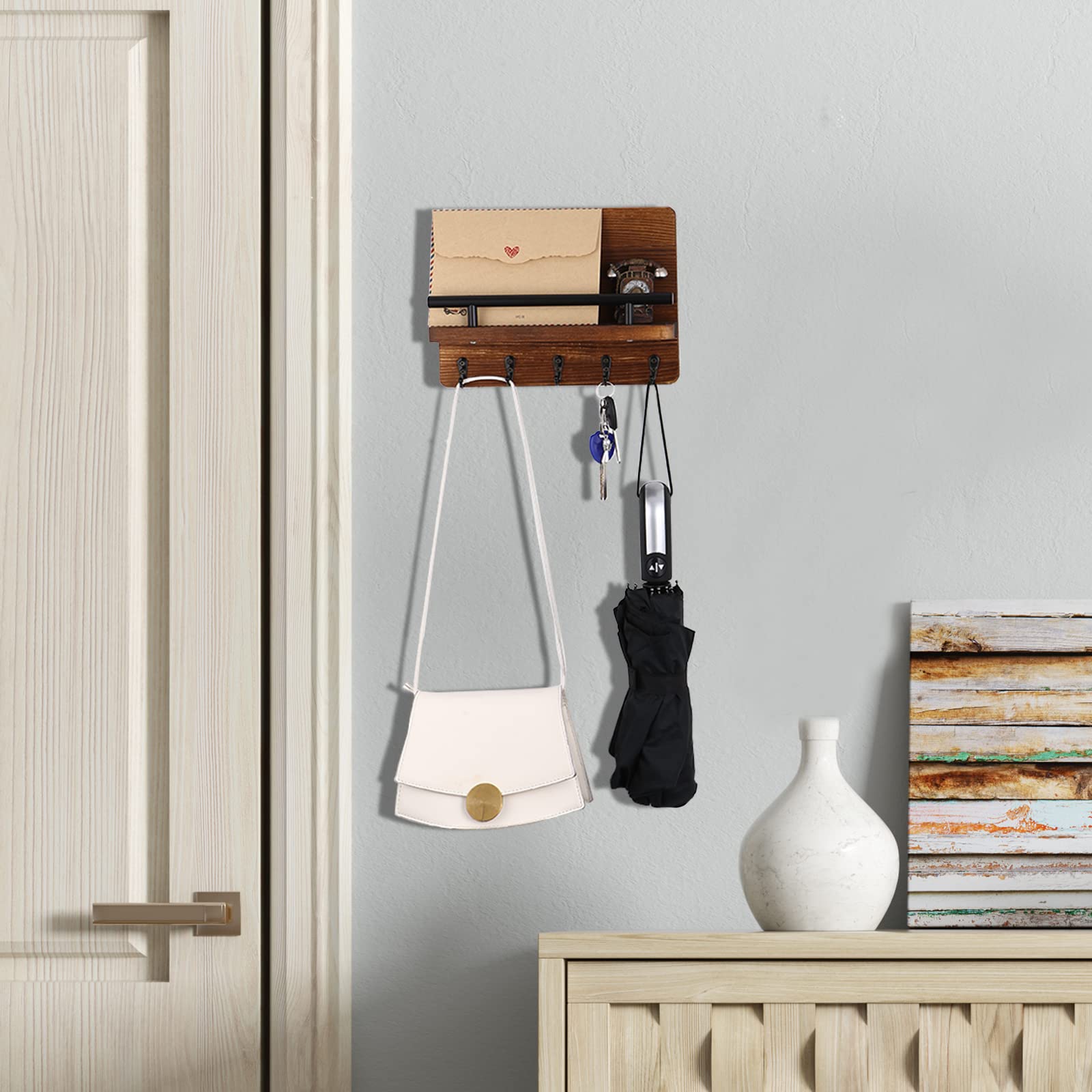 WuliYobo Key Holder for Wall, Key and Mail Holder for Wall, Key Hanger for Wall with Shelf, Wood Wall Shelf with Hooks, Mail Organizer for Wall Mount with Mounting Hardware (9.8”W x 7.2”H x 2.9”D)