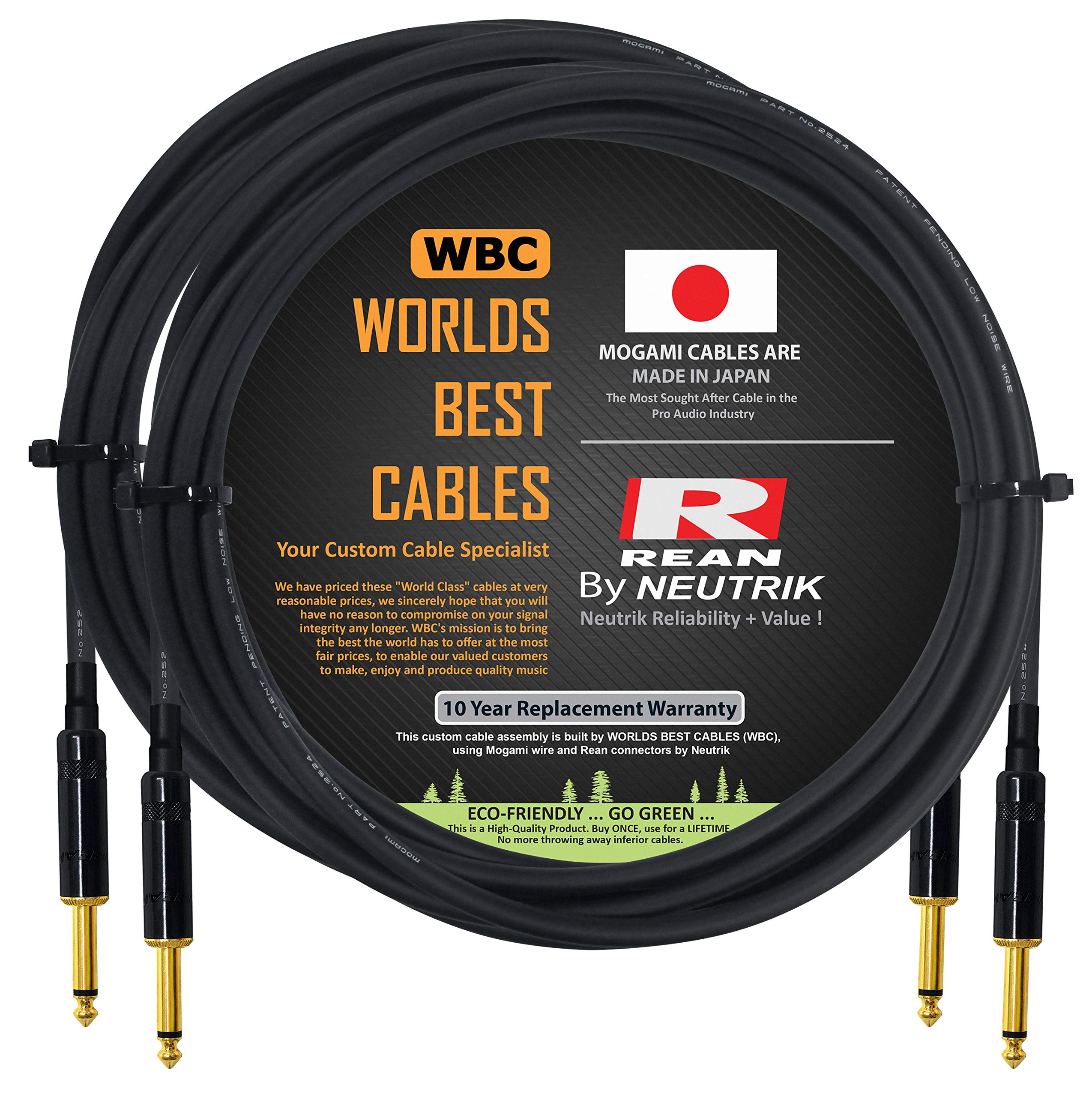 WORLDS BEST CABLES 2 Units - 8 Foot -Pedal, Effects, Patch, Guitar instrument cable CUSTOM MADE made using Mogami 2524 wire and Neutrik-Rean NYS224BG Gold ¼ inch (6.35mm) TS Plugs