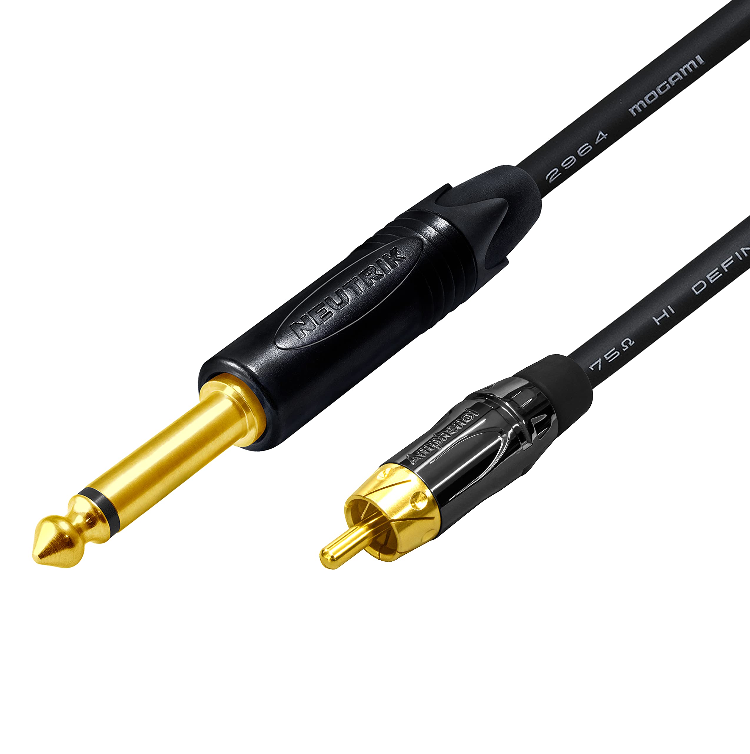 WORLDS BEST CABLES 1 Foot β TS to RCA Cable β Mogami 2964 Audio Interconnect Cable & Neutrik NP2X-B & Amphenol ACPL-CBK Gold Plugs - CUSTOM MADE