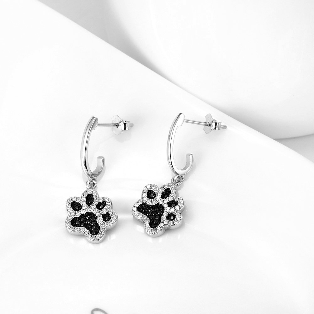 YFN Women Ladies Jewelry 925 Sterling Silver Two-tone Pet Puppy Paw Drop &Dangle Earrings Paw earring Dog Stud Earrings (Dangle Black)