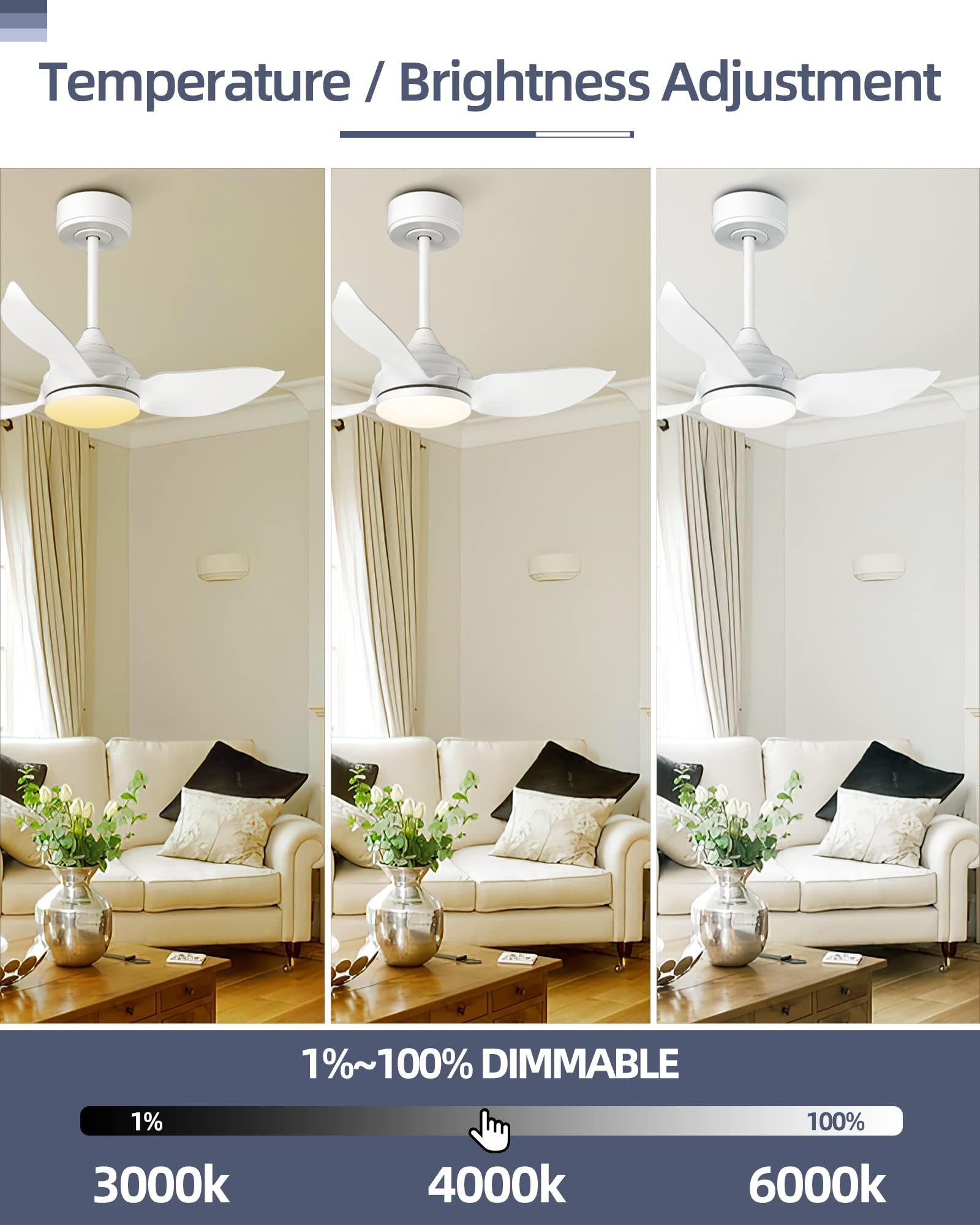 YOUKAIN Ceiling Fans, 30 lnch Small Ceiling fan with Lights and Remote Control, LED Indoor/Outdoor Ceiling Fan with 3 Reversible Blades for Bedroom, Kitchen, Patio, White, 30-YJ652-WH