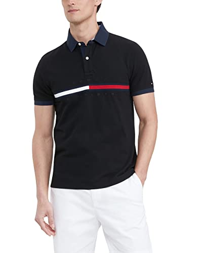 Tommy Hilfiger Men's Flag Pride Polo Shirt in Custom Fit, CS DEEP Knit Black, Medium