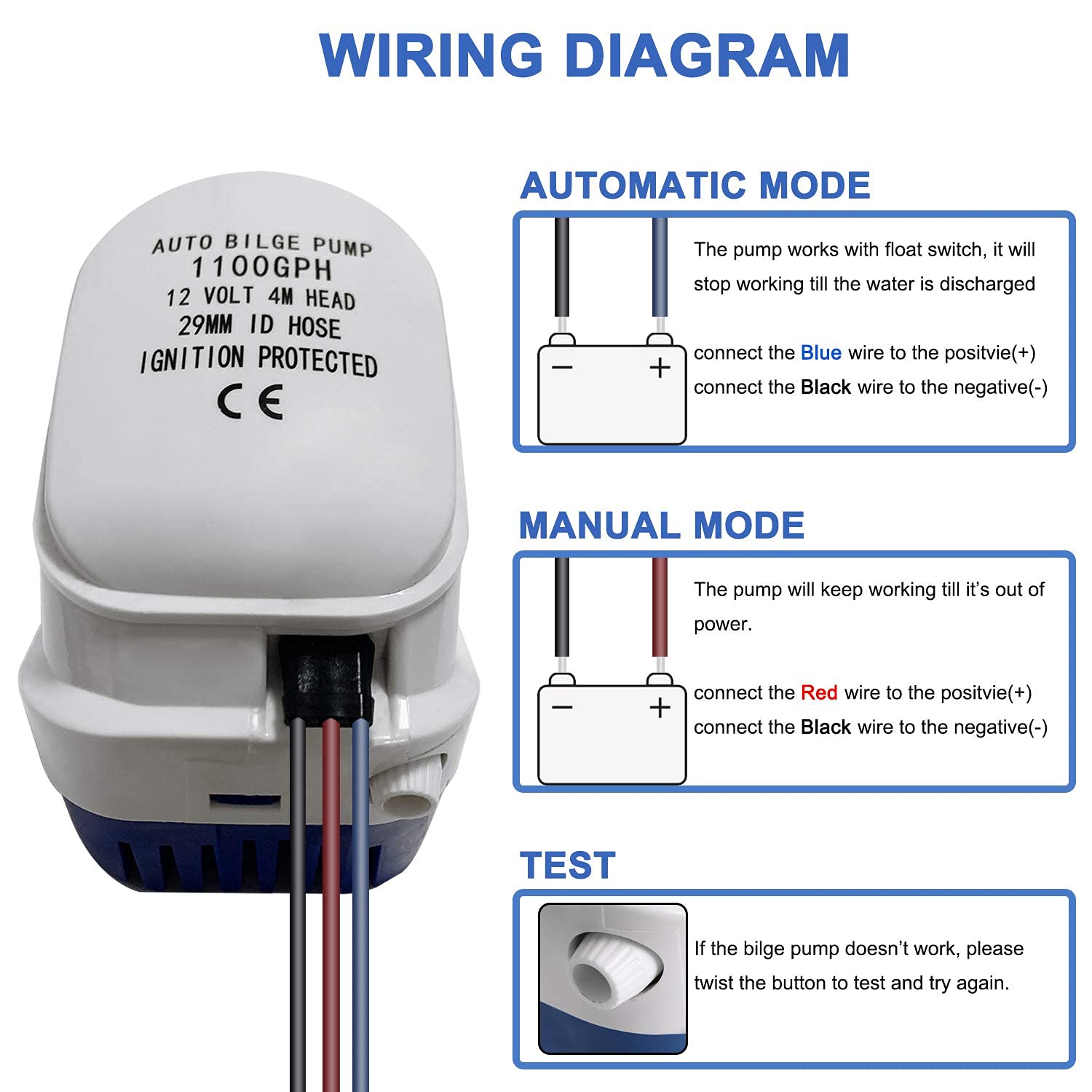 UYGALAXY Boat Bilge Pump with Float Switch 1100GPH 12V 12ft Head Automatic Submersible Water Pump with Hose Clamps