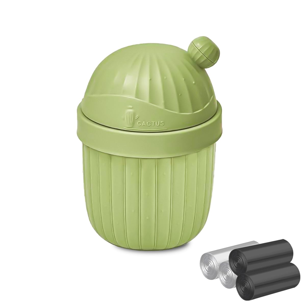 Ujk-TyLun Cute Desktop Trash Can Wastebasket and 120 Trash Bags, Mini Cactus Garbage Can with Flip Lid, Tiny Plastic Storage Bin for Countertop Table, Office, Kids Bedroom, 15 * 15 * 21cm (Green)