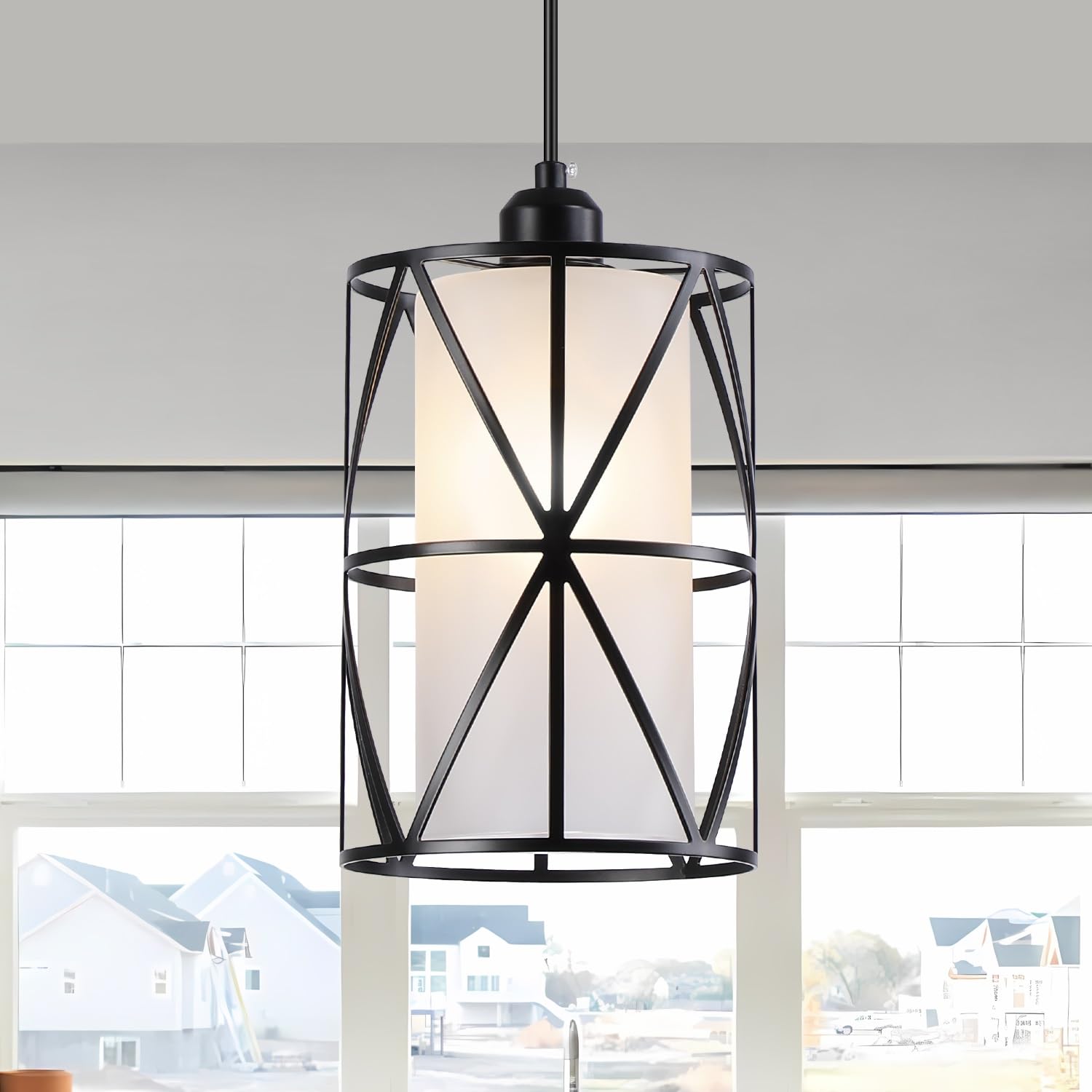 Zlierop Pendant Lights with Frosted Glass, Matte Black Pendant Lighting Kitchen Island, Cylindrical Pendant Light Fixtures, Modern Kitchen Island Lighting, Pendant Light for Foyer, Entryway-Large