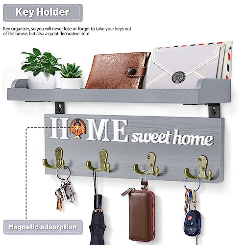 Toosci Key and Mail Holder for Wall, Mail Organizer and Key Holder with Tray, Wall Key Rack with 4 Dual Key Holder, Solid Wood Key Holder for Country Home Decor, for Entryway and Offices (Gray)