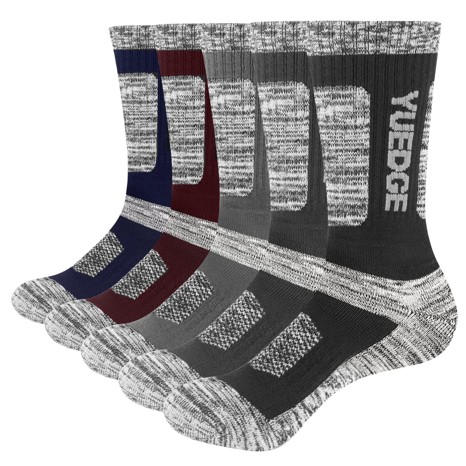 YUEDGE 5 Pairs Breathable Cotton Terry Cushioned Crew Athletic Socks Walking Hiking Socks Padded Thermal Work Boot Socks for Men 9-11