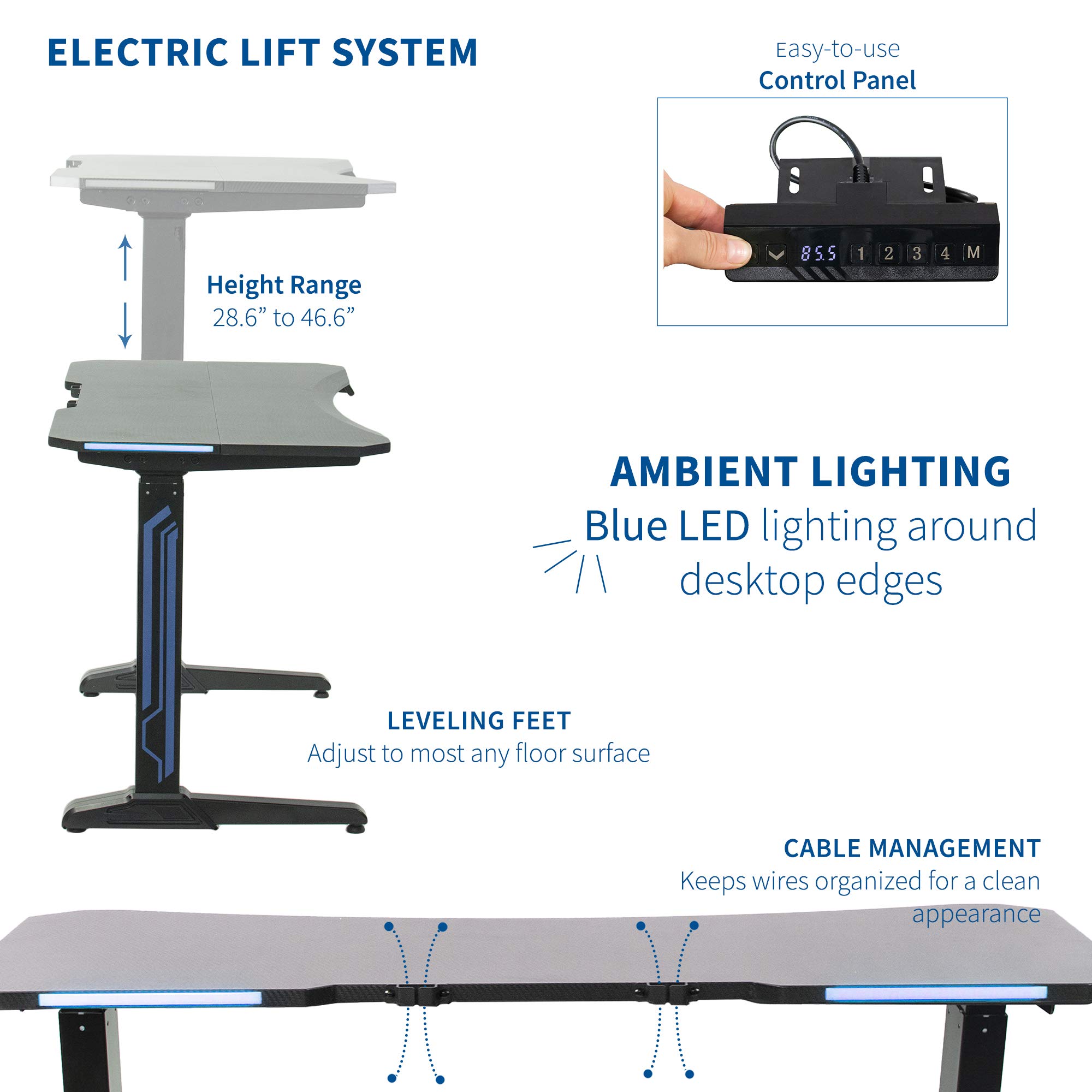 VIVO Black Electric 47 inch Height Adjustable Gaming Desk with Blue LED Lights, Ergonomic Home Office Computer Table Workstation, DESK-GME2B