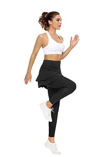 WOWENY Tennis Skirted Leggings with Pockets for Women Golf Skapri Leggings with Skirt (M, 2-Layer Black)