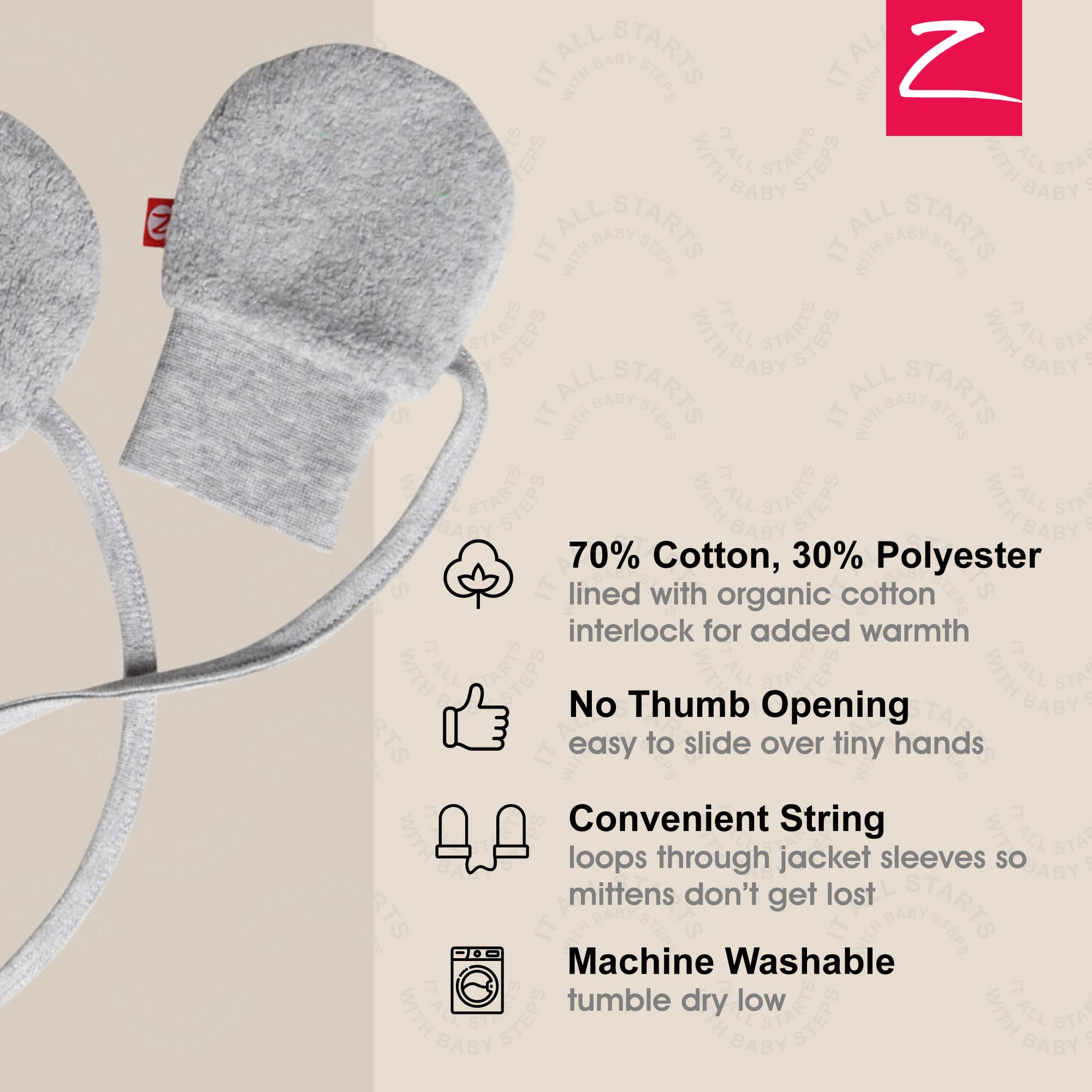 Zutano Fleece Mittens for Babies, Infants, and Newborns, Thumbless Outdoor Winter Baby Gloves, Heather Gray