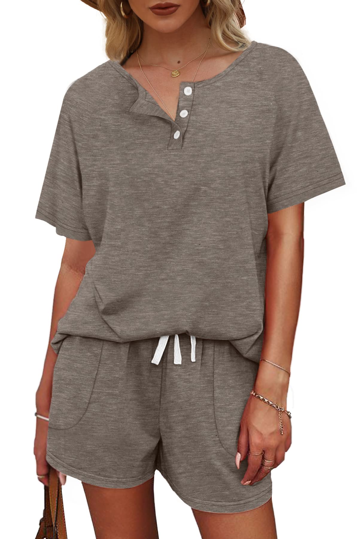 WIHOLL Lounge Sets for Women Shorts Short Sleeve Pajama Set Khaki XL
