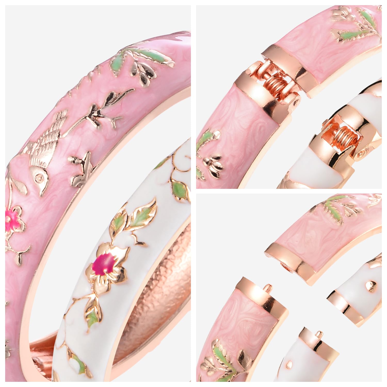 UJOY Colors Handcraft Jewelry Cloisonne Bracelet Enamel Bird Spring Hinged Womens Bangles Gifts Box 55C49-55A82 pink white