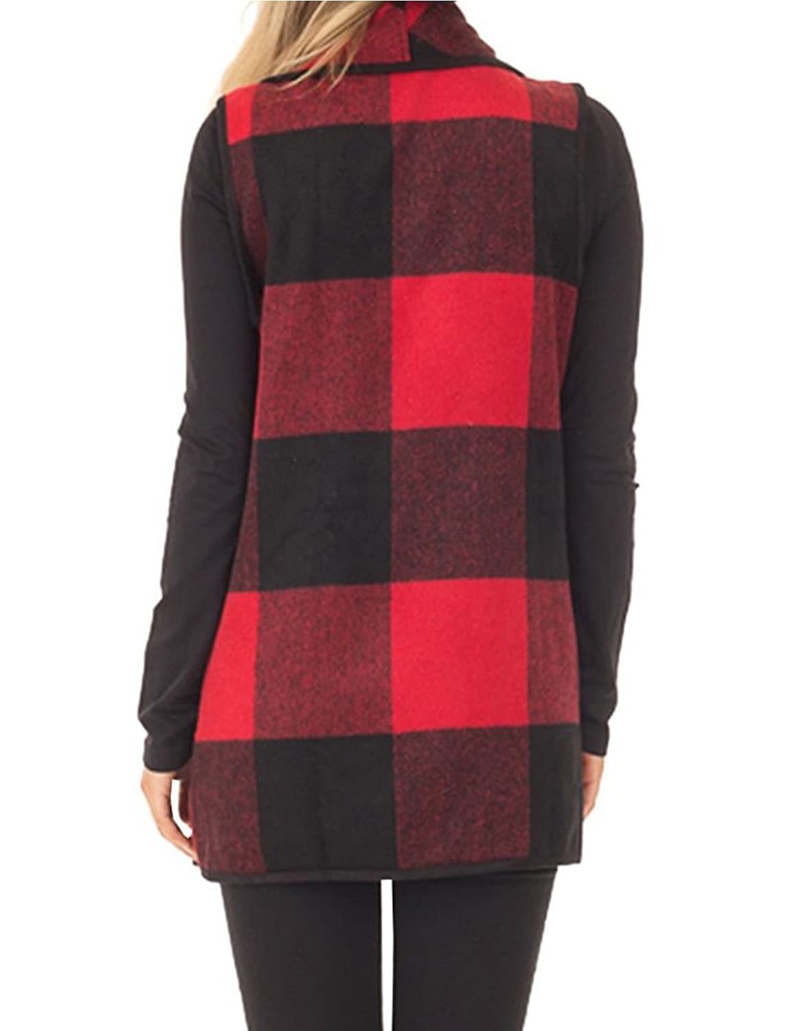YACUN Women Buffalo Plaid Vest Lapel Open Front Sleeveless Cardigan Jacket Coat Outerwear with Pockets Red S