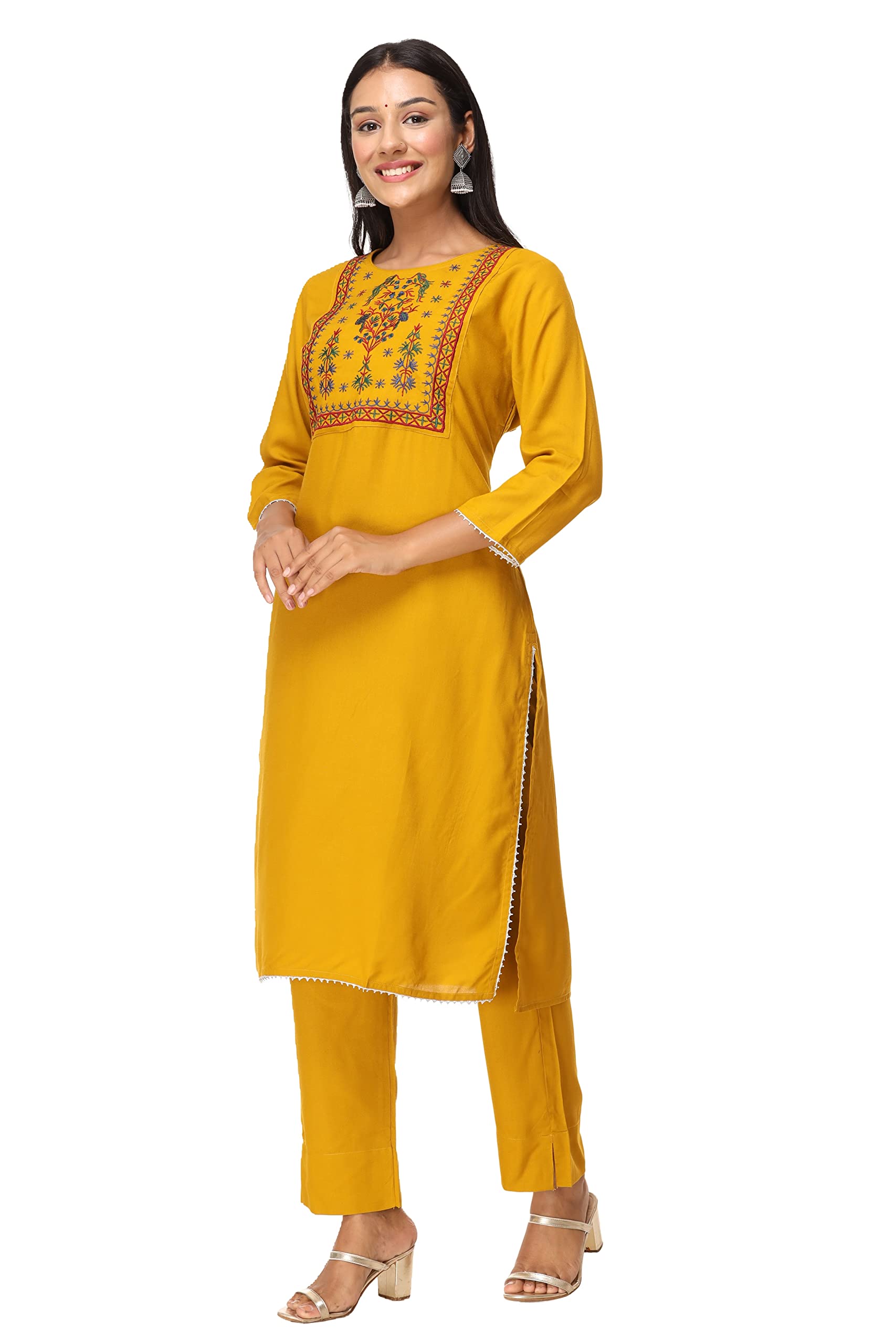 Vihaan Impex mustard yellow Embroidered Kurta Set with matching Pant for Women
