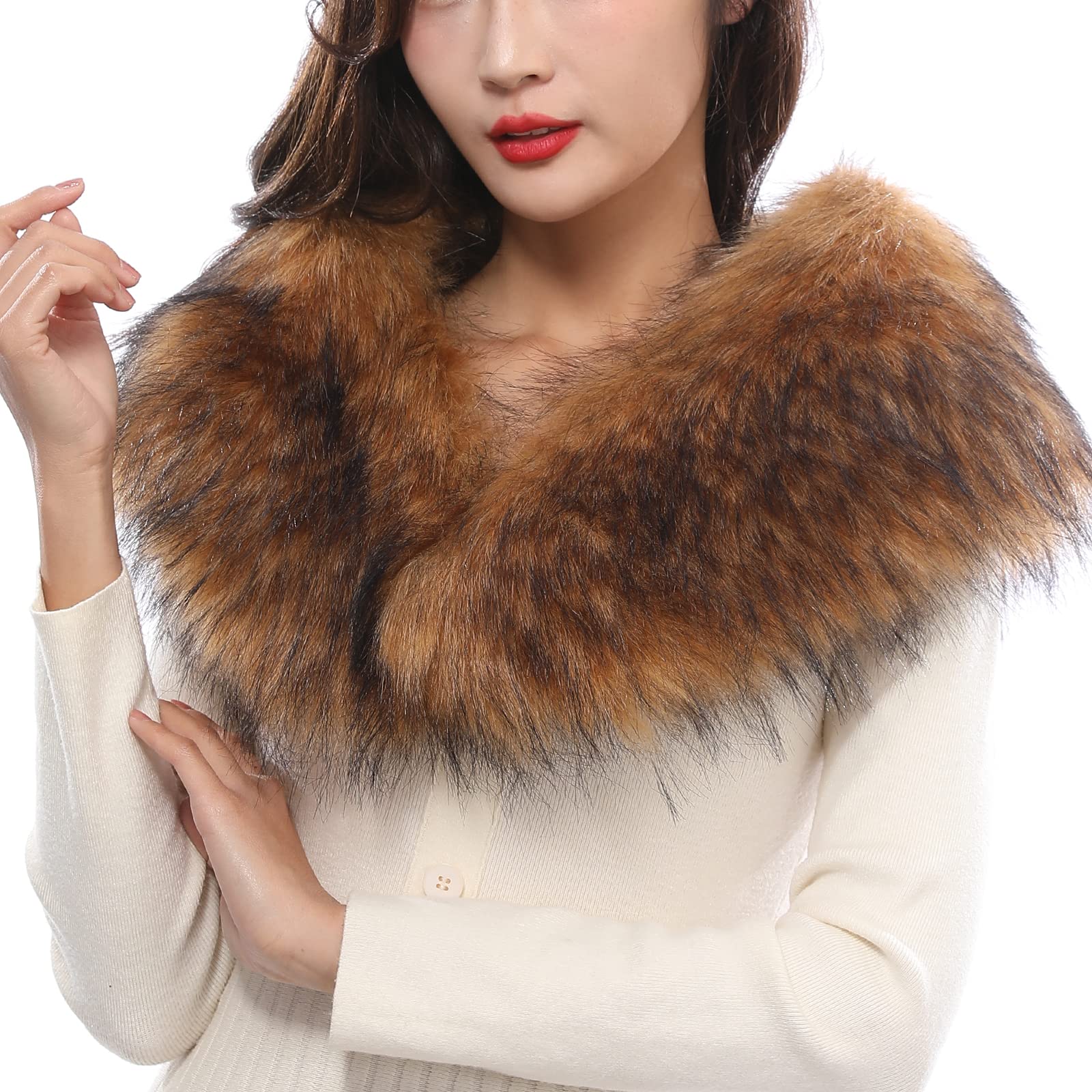 Valpeak Real Fur Collar Women's Fur Shawl Wrap for Party Winter Scarf Neck Warmer for Coat(bROWN)