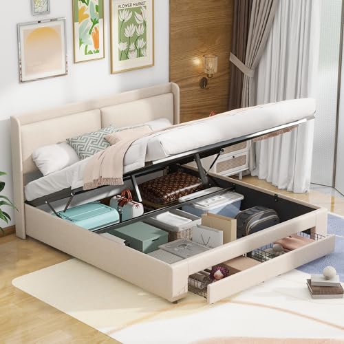 WOXYX Queen Size Platform Bed,Storage Upholstered Hydraulic Beds Frame with 2 Drawers,Beige