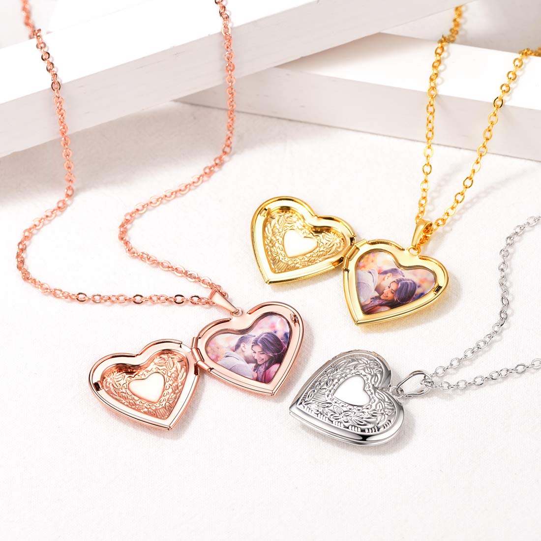 U7 Women Flower Heart Locket That Hold Memorial Photo Platinum Plated Jewelry Rolo Chain Customized Photo and Text Engrave Lockets Pendant