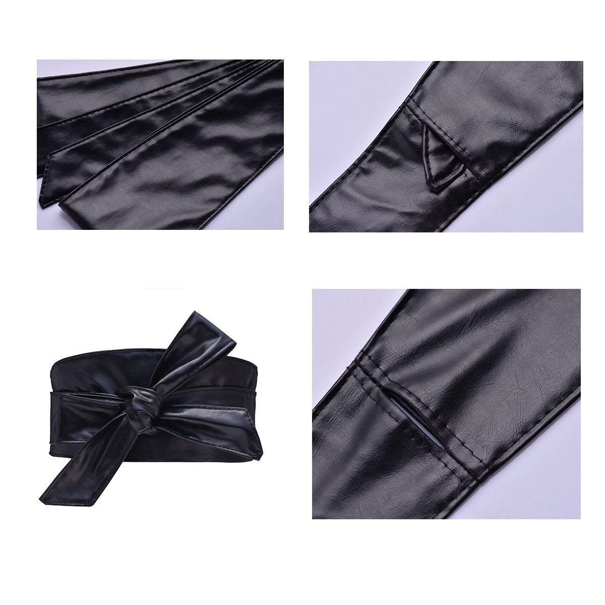Woman Wide PU Leather Belt Obi Belt Self Tie Cinch Belt Wrap Around Bowknot Waistband Bright Color for Dress