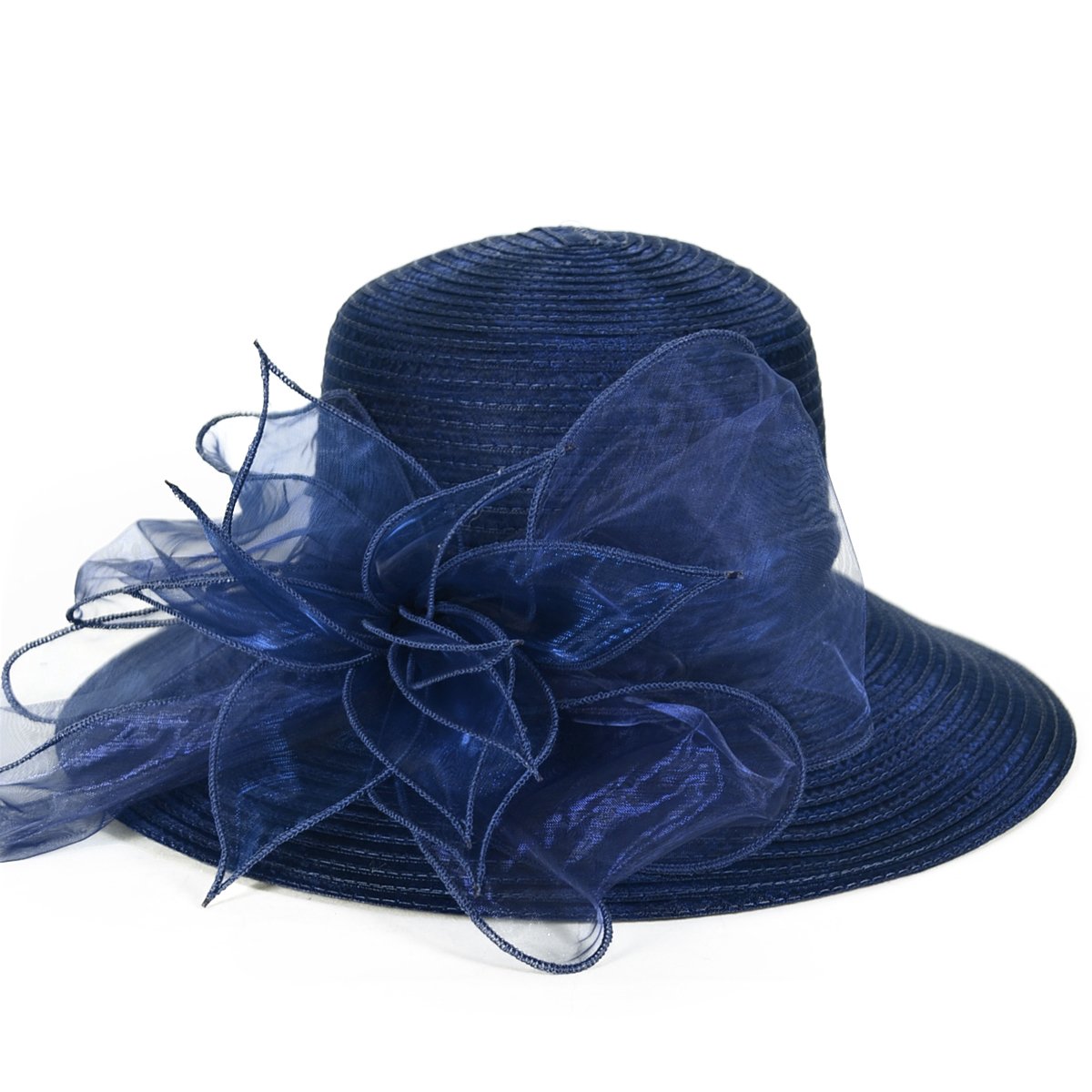 Women Derby Church Dress Hat Wide Brim Leaf Flower Bridal Shower Hat (Navy)