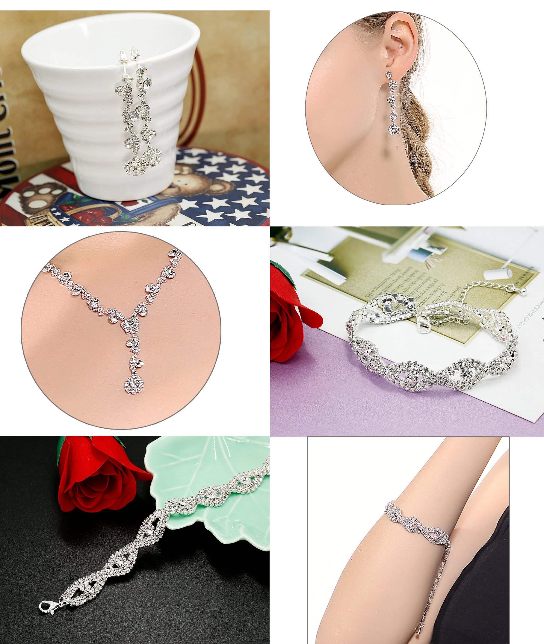 Udalyn Rhinestone Bridesmaid Jewelry Sets for Women Necklace and Earring set for Wedding with Crystal Bracelet
