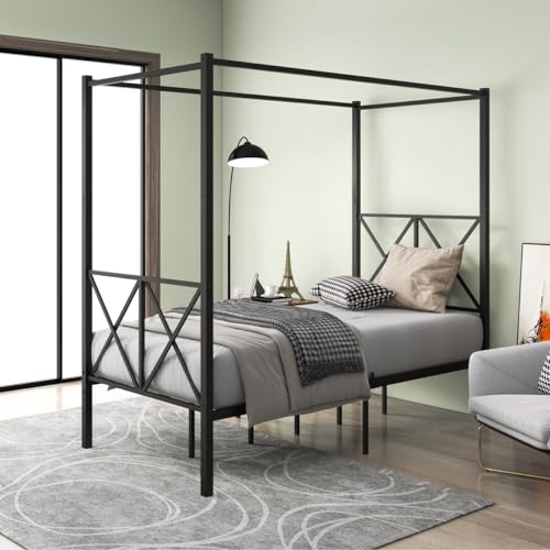 Twin Size Metal Canopy Bed Frame, Platform Bed Frame with X Shaped Frame Black
