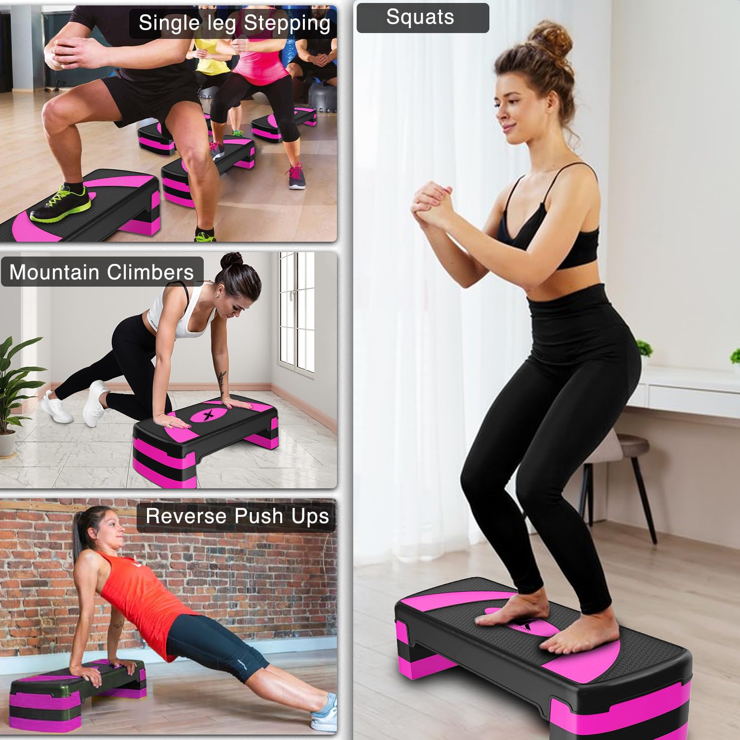 XN8 Aerobic Stepper for Exercise 3 Levels Adjustable Height 4" 6" & 8" Inch Exercise Step Platform Non Slip Step Board for Workout Home Gym Cardio Strength & Training | 31" Length x 12" Width (Inches)