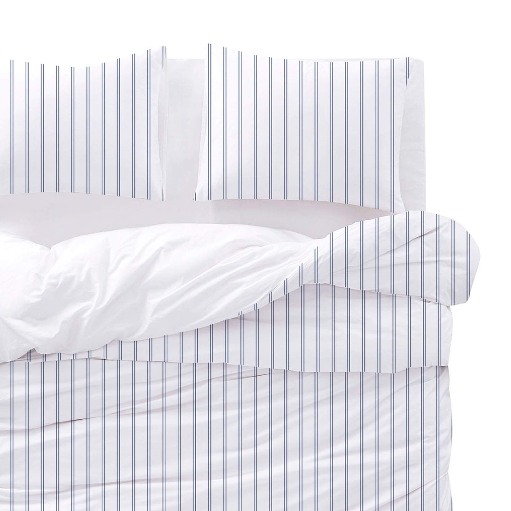 Wake In Cloud - Striped Comforter Set, Ticking Stripe Vertical Pinstripe Neutral Farmhouse Pattern Printed, Soft Lightweight Bedding, 3 Pieces, Navy White, Queen Size