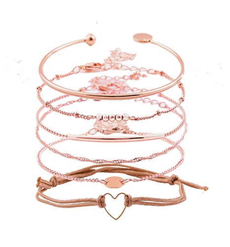XOCARTIGE Layered Bracelet Set Assorted Beaded Bracelet Multiple Stackable Wrap Bangle Jewelry Adjustable (Rose Gold)