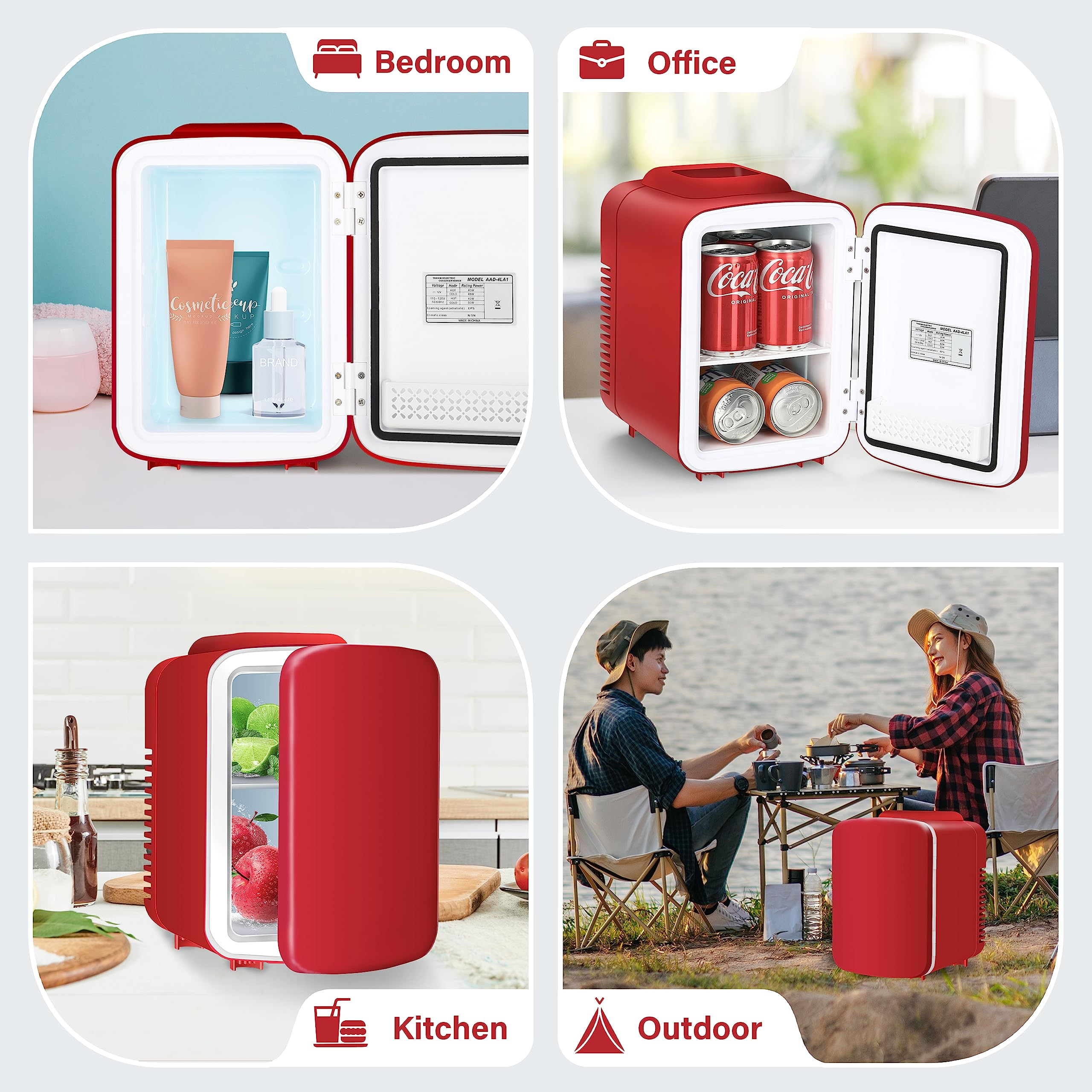 YSSOA 4L Mini Fridge with 12V DC and 110V AC Cords, 6 Can Portable Cooler & Warmer Compact Refrigerators for Food, Drinks, SkinCare, Office Desk, Red
