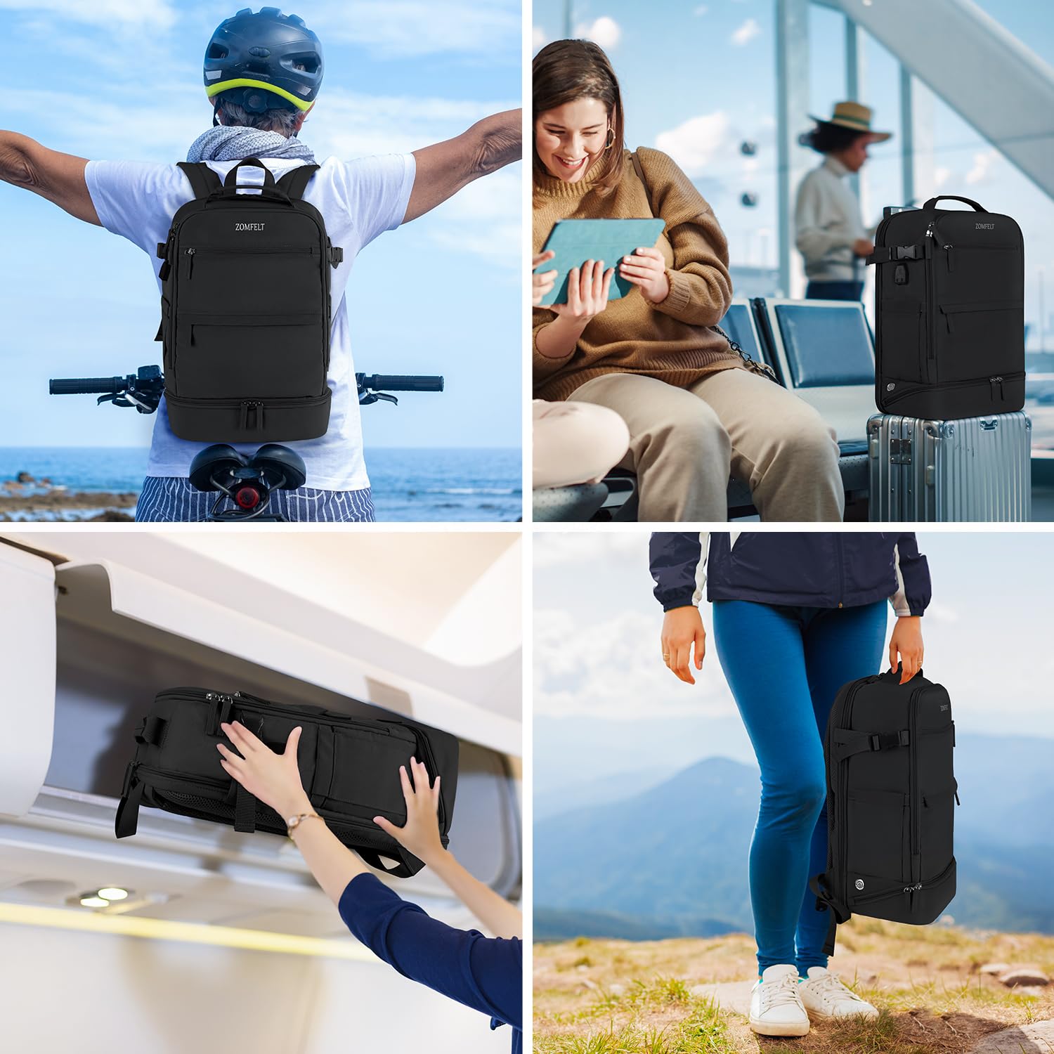ZOMFELT Travel Backpack, Carry on Backpack Flight Approved with Shoes Compartment, 17.3 Inch Laptop Backpack with USB Charging Port, Waterproof Hiking Backpack Casual Bag for College Travel Work,Black