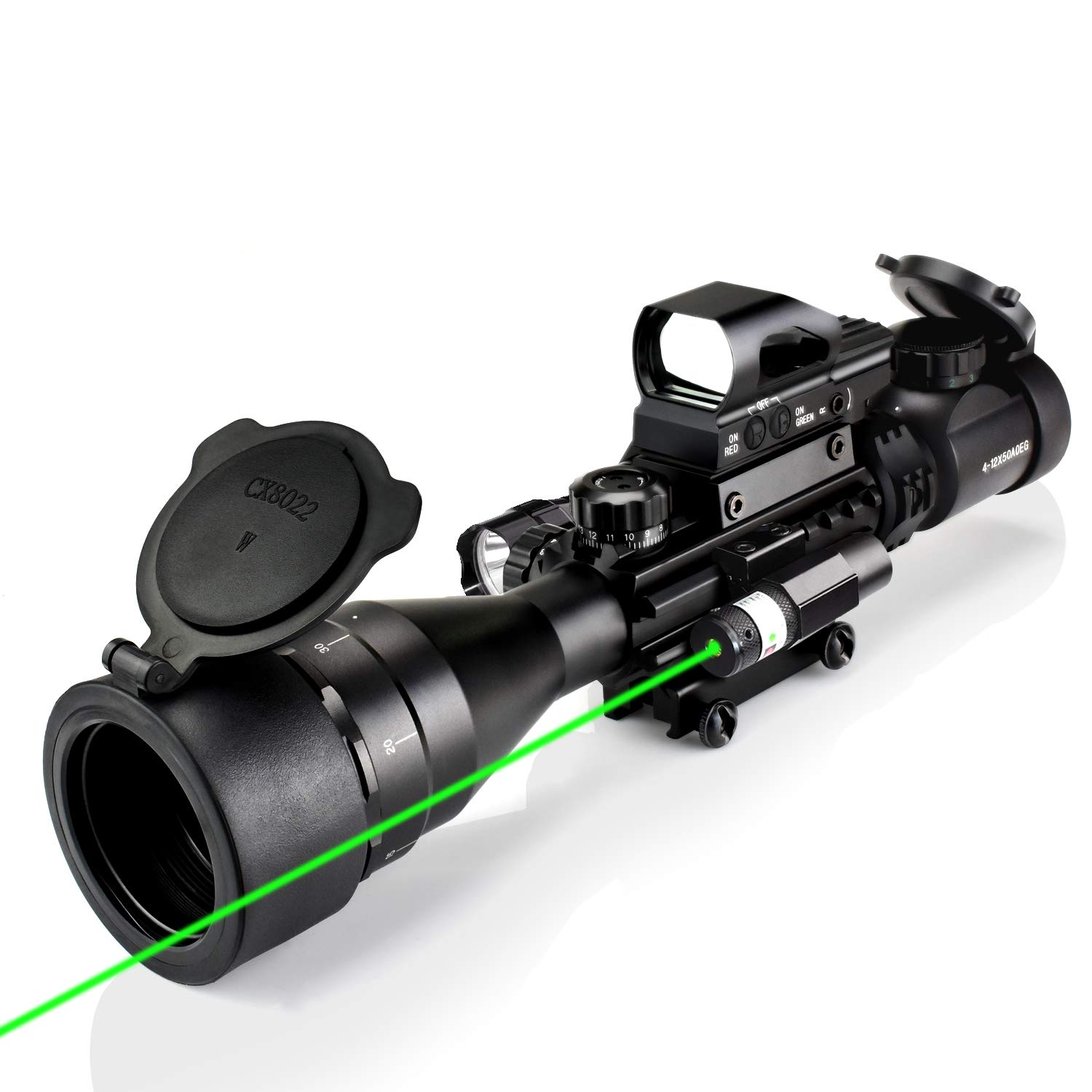 XOPin 4-16x50AO Rifle Scope Combo Dual Illuminated with Green Laser Sight 4 Holographic Reticle Red/Green Dot for Weaver/Rail Mount