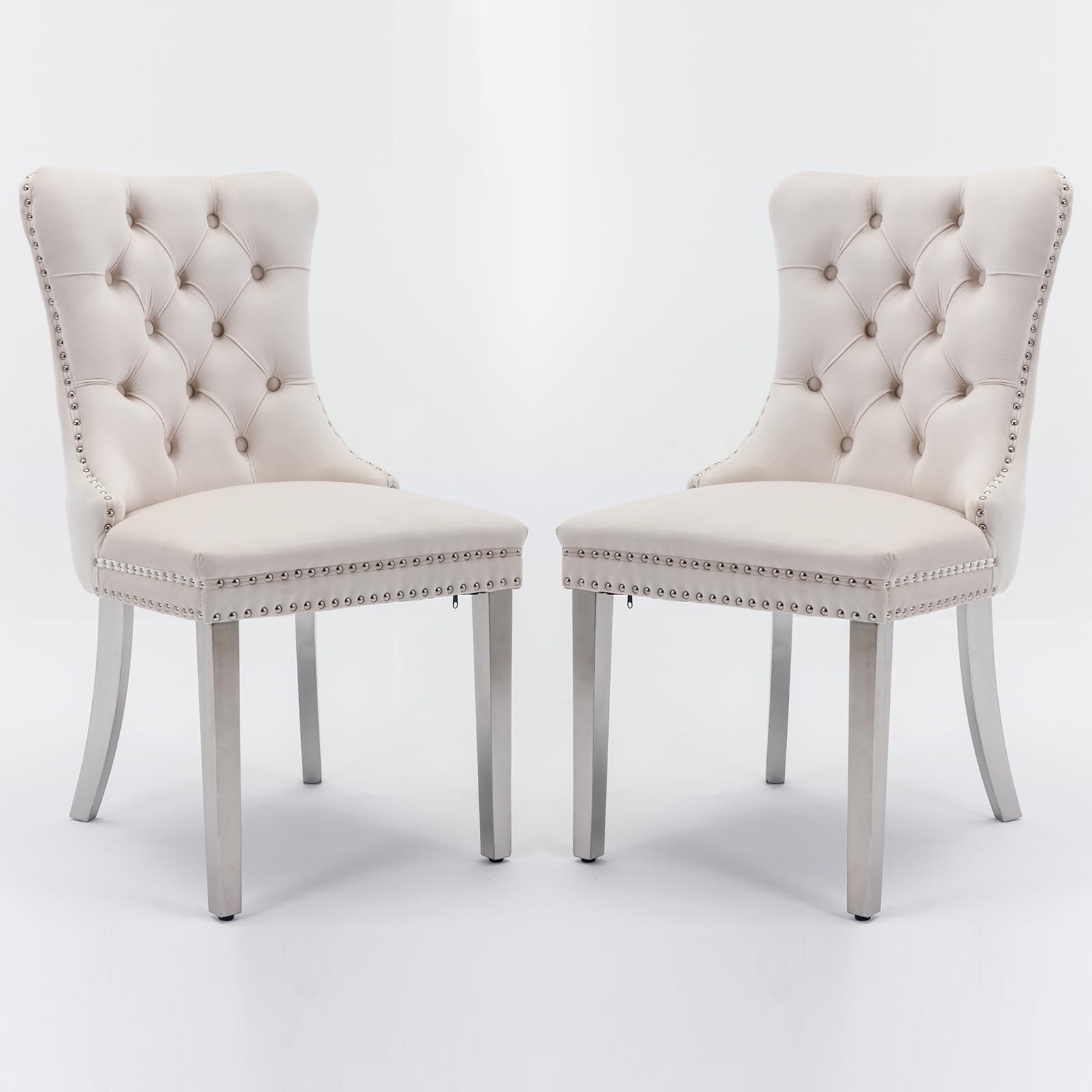 TUNGTAR Parson's Chairs Tufted Solid Wood Velvet Upholstered Dining Chair with Chrome Stainless Steel Plating Legs,Nailhead Trim (Set of 2) (Beige and Chrome, SW1701BG)