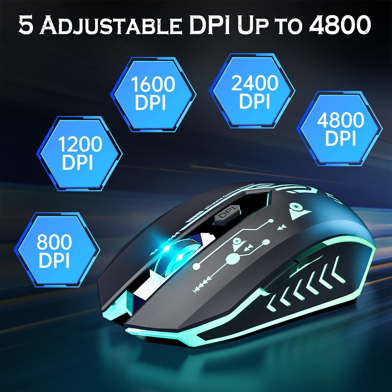 UHURU WM-02Z Wireless Gaming Mouse, 2.4G Wireless Rechargeable Mouse with 6 Programmable Buttons, 5 Adjustable Levels DPI Up to 4800DPI, 7 Colorful LED Lights, Compatible with Notebook, PC, Mac
