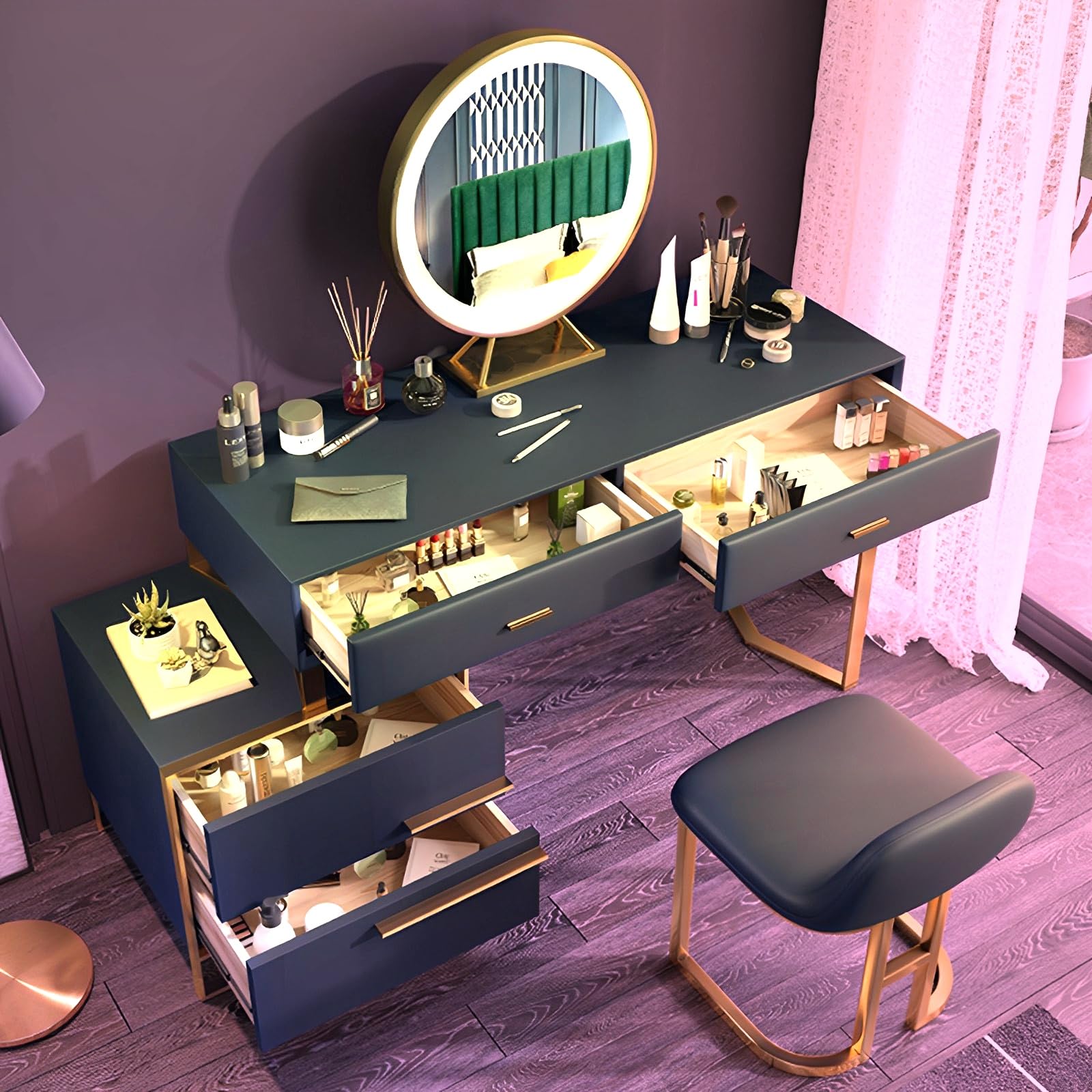 YIMAKEY Vanity Desk Set Mirror: Blue 47 Inches Vanity Table with 3 Modes Lights Mirror and 4 Drawers 1 Stool - Wooden Adjustable Makeup Table for Bedroom for Her