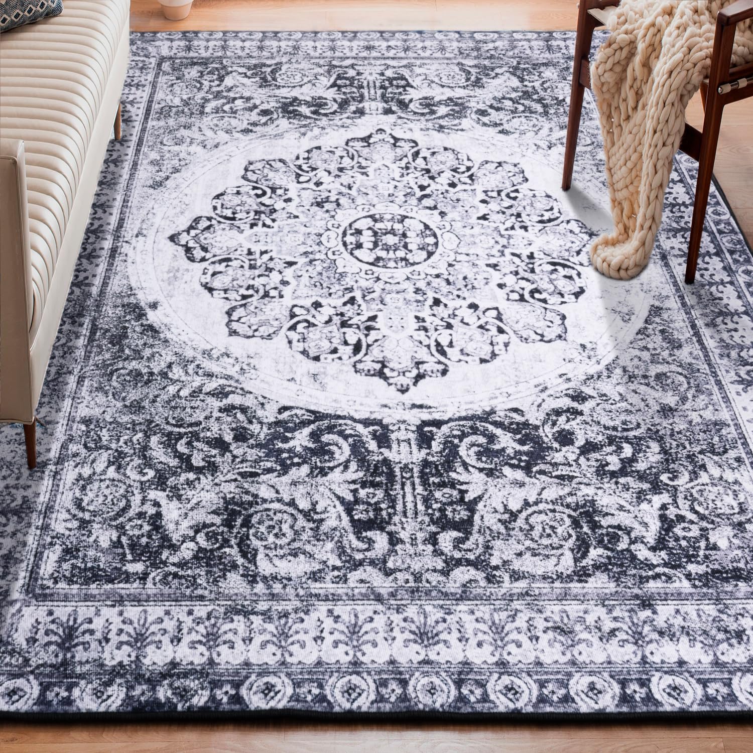 ULTSOFE Vintage Area Rugs for Living Room Bedroom, Soft Print Retro Indoor Floor Mat, Non-Slip&Shed Washable Lightweight rugs for Kitchen Dining Room Nursery Home Office, 4x6 Black